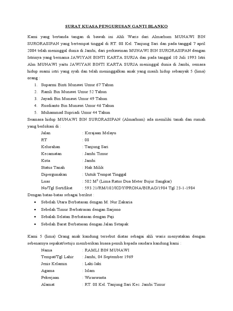 Surat Kuasa Pengurusan Ganti Blanko Ramli | PDF