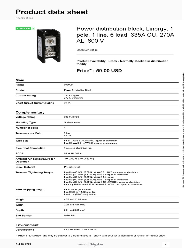 Square D 9080 Power Distribution Blocks - 9080LBA163106 | PDF ...