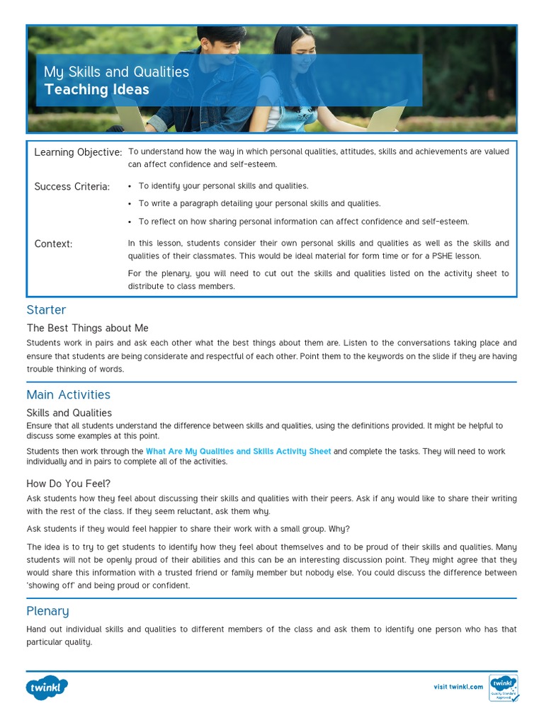 What Are My Qualities and Skills Teaching Ideas | PDF | Self Esteem ...