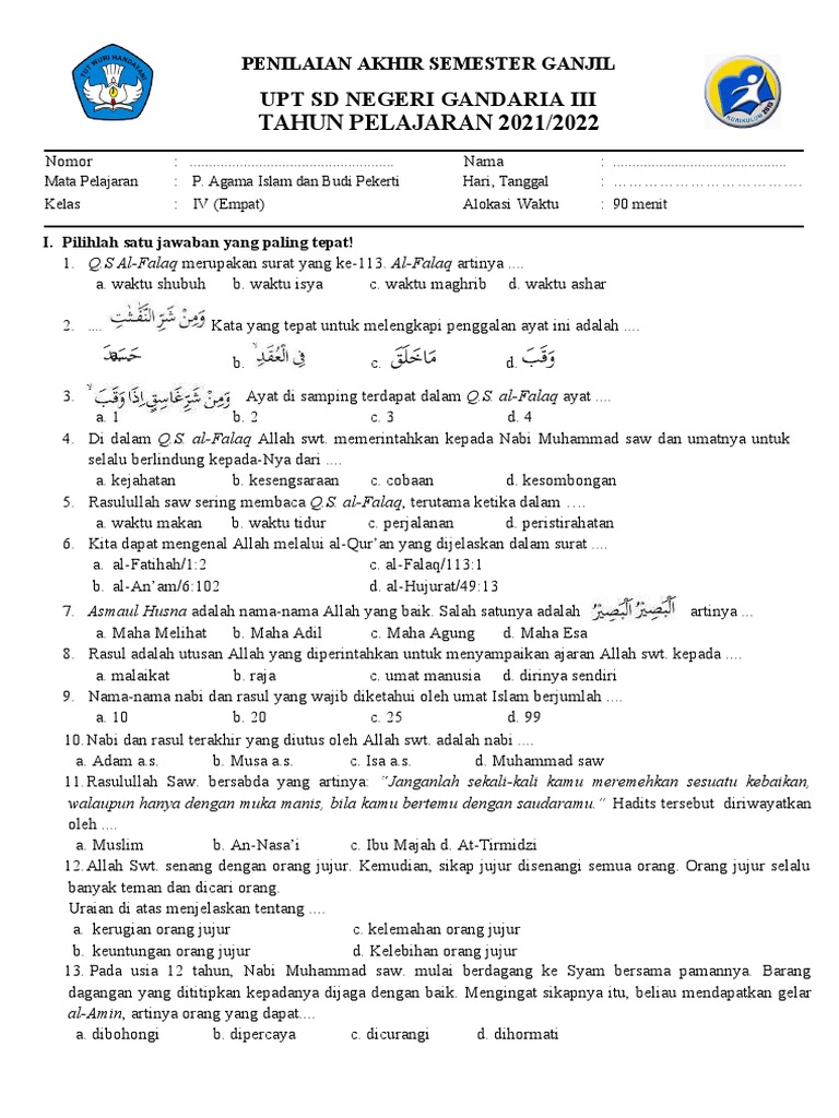 Soal Pas Pai Kelas 4 Sem 1 | PDF | Agama & Spiritualitas