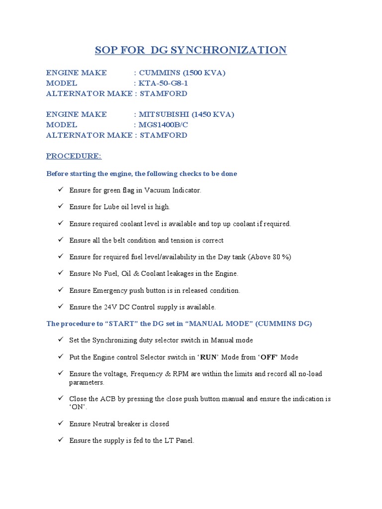 DG Synchronization SOP | PDF | Electric Generator | Mains Electricity