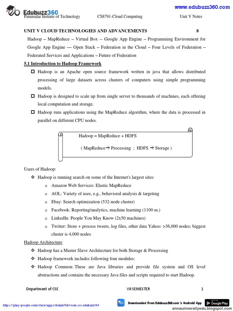 Cs8791 Cloud Computing Unit 5 Notes Pdf Apache Hadoop Map Reduce 5023