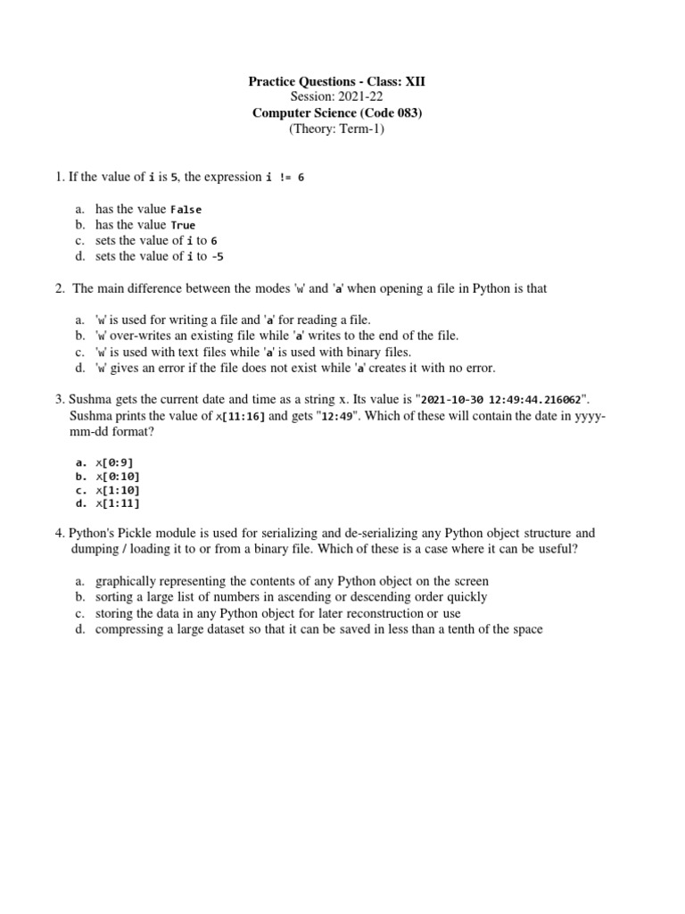 Practice Questions - Class: XII Computer Science (Code 083) | PDF | Control Flow | C ...