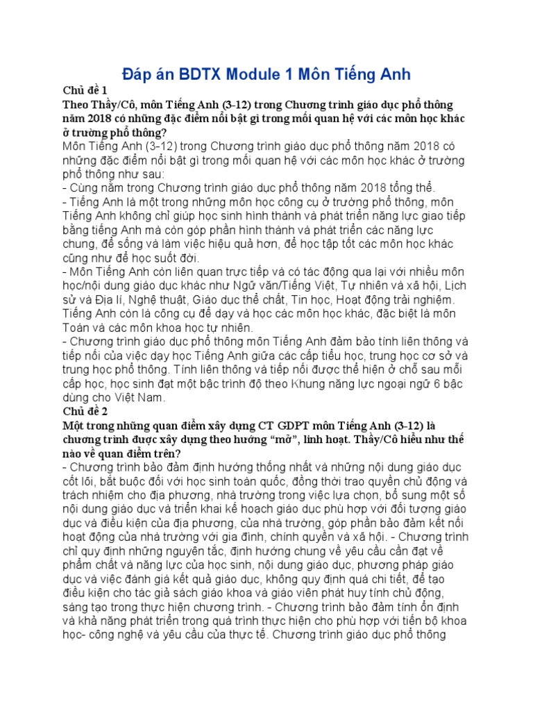 Đáp Án BDTX Module 1 Môn Tiếng Anh | PDF