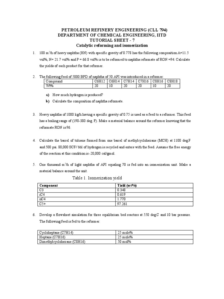 Catalytic Reforming and Isomerization Tutorial Sheet | PDF | Chemistry ...