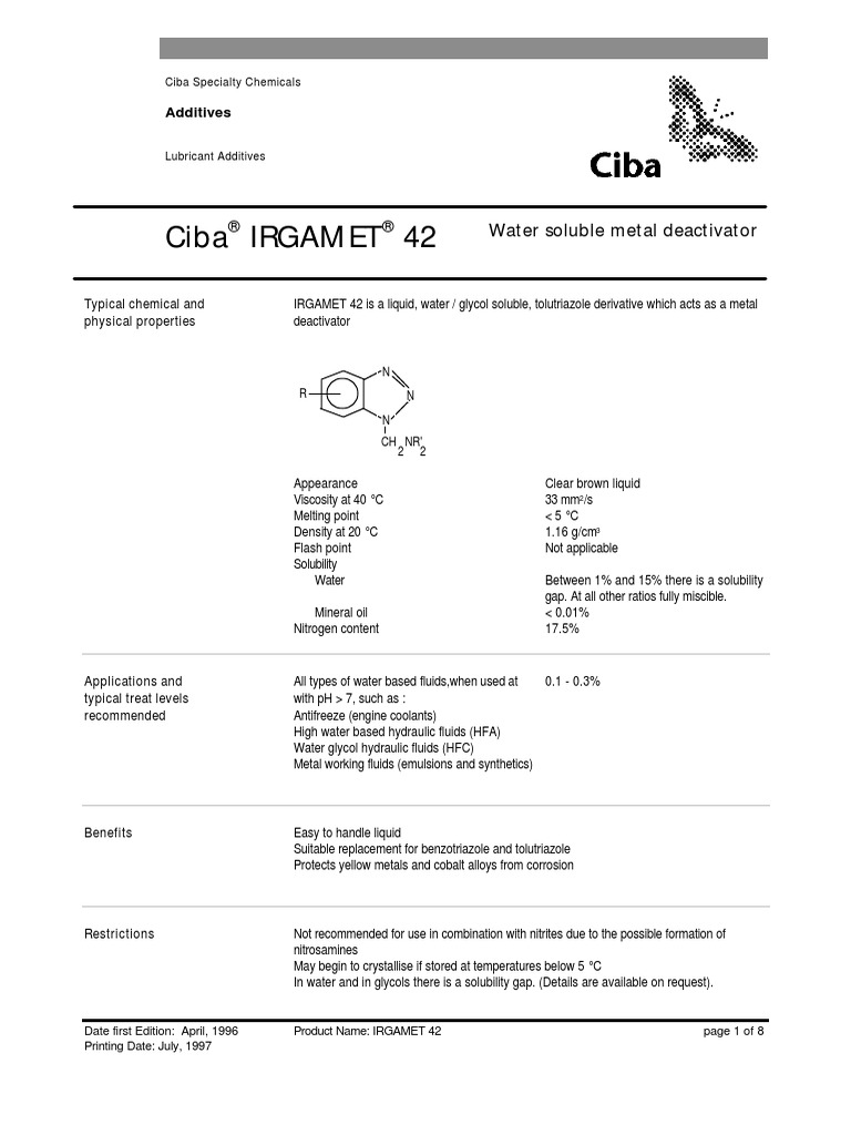 Ciba Irgamet 42: Water Soluble Metal Deactivator | PDF | Legal ...