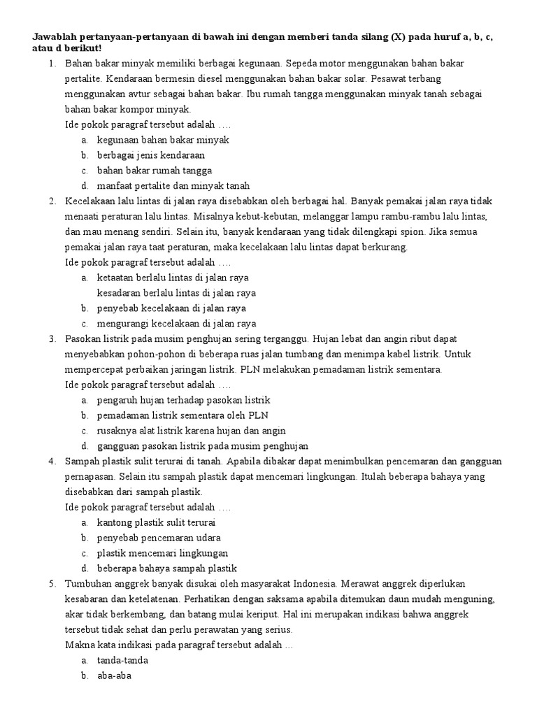 Jawablah Pertanyaan-Pertanyaan Di Bawah Ini Dengan Memberi Tanda Silang (X) Pada Huruf A, B, C ...