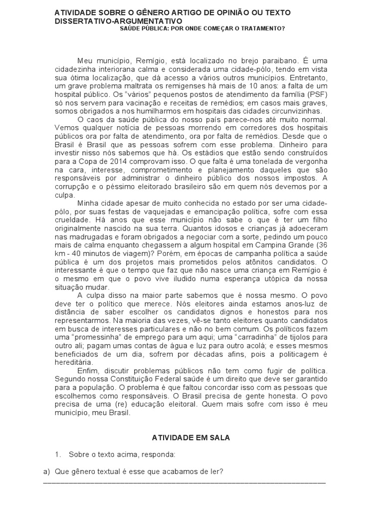 Atividade Sobre o Gênero Artigo de Opinião Ou Texto Dissertativo | PDF | Brasil