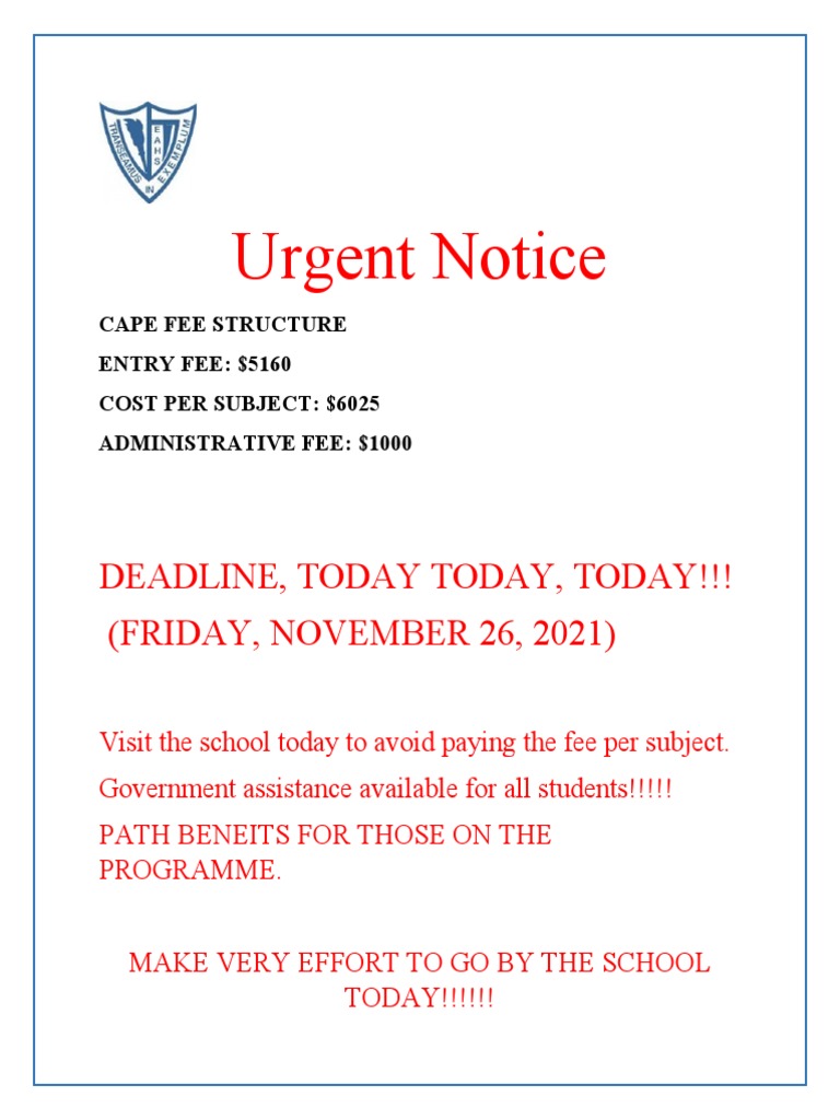 Urgent Notice: Deadline, Today Today, Today!!! (FRIDAY, NOVEMBER 26 ...