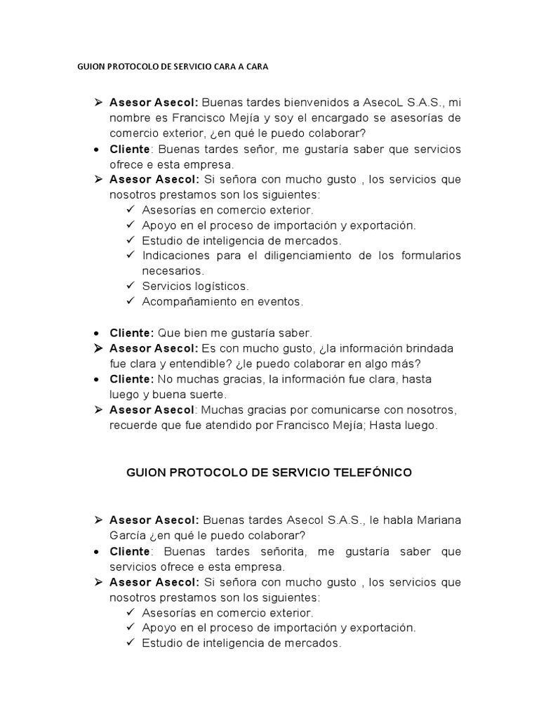Guion Protocolo de Servicio | PDF | Cliente