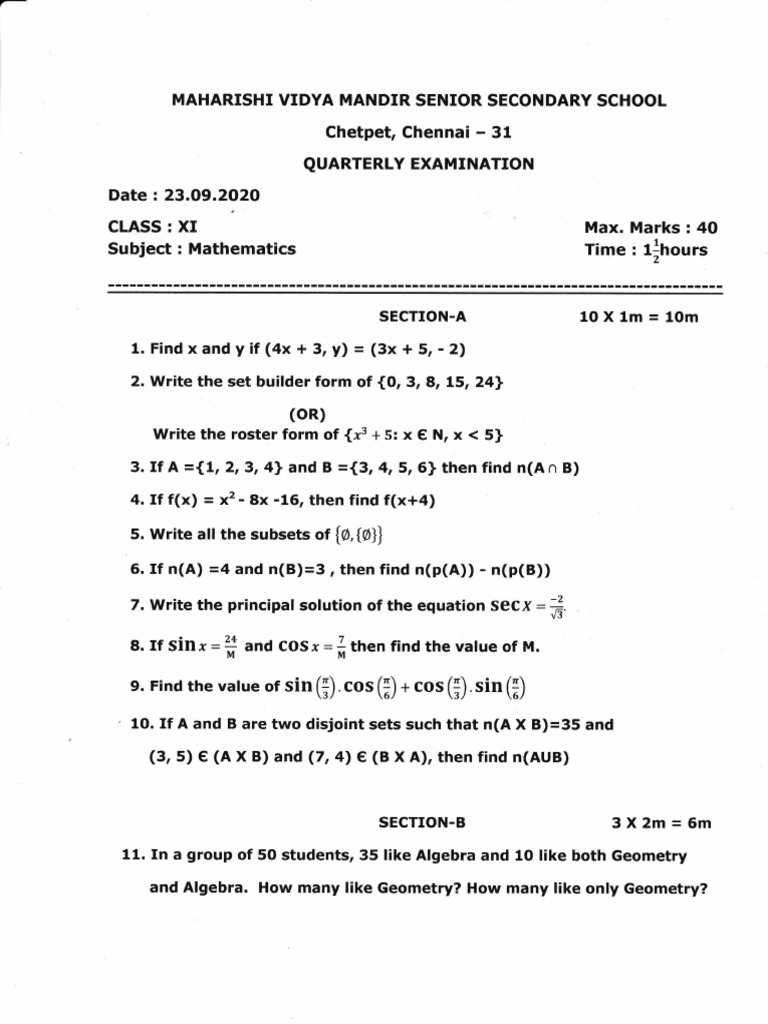 Class XI Maths QP | PDF | Trigonometric Functions | Geometry