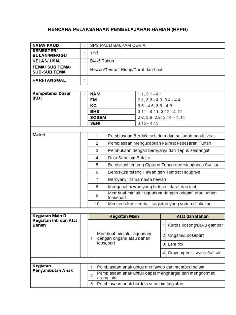 RPPH Tema Hewan | PDF