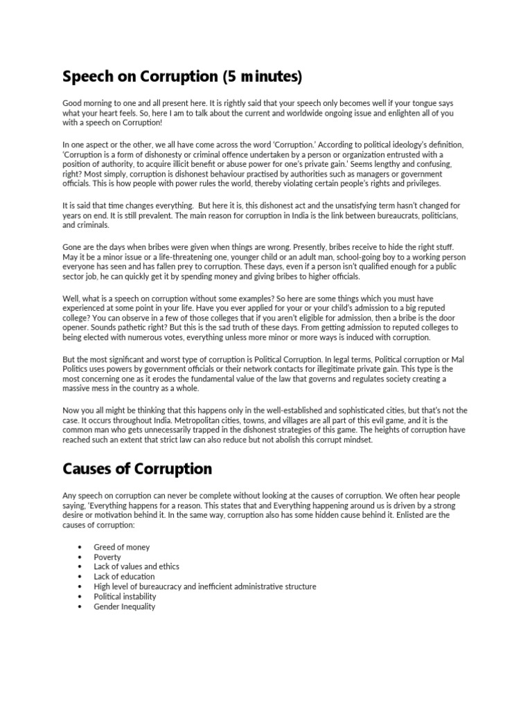 Speech On Corruption | PDF | Corruption | Bribery