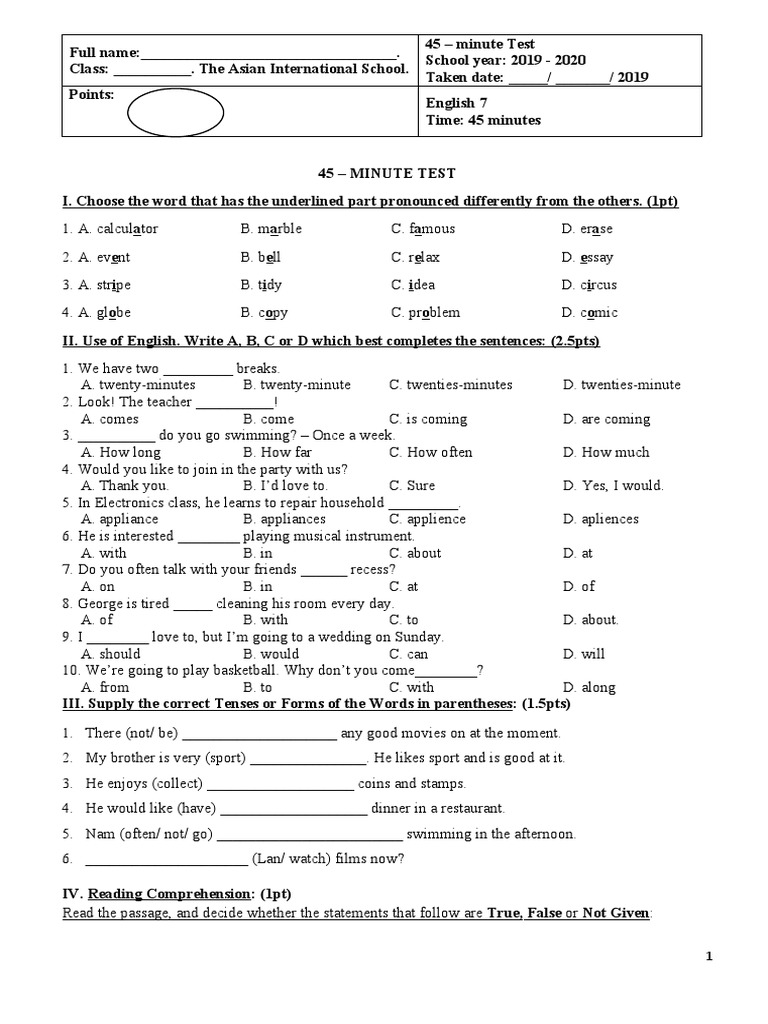 45 Minute Test' | PDF