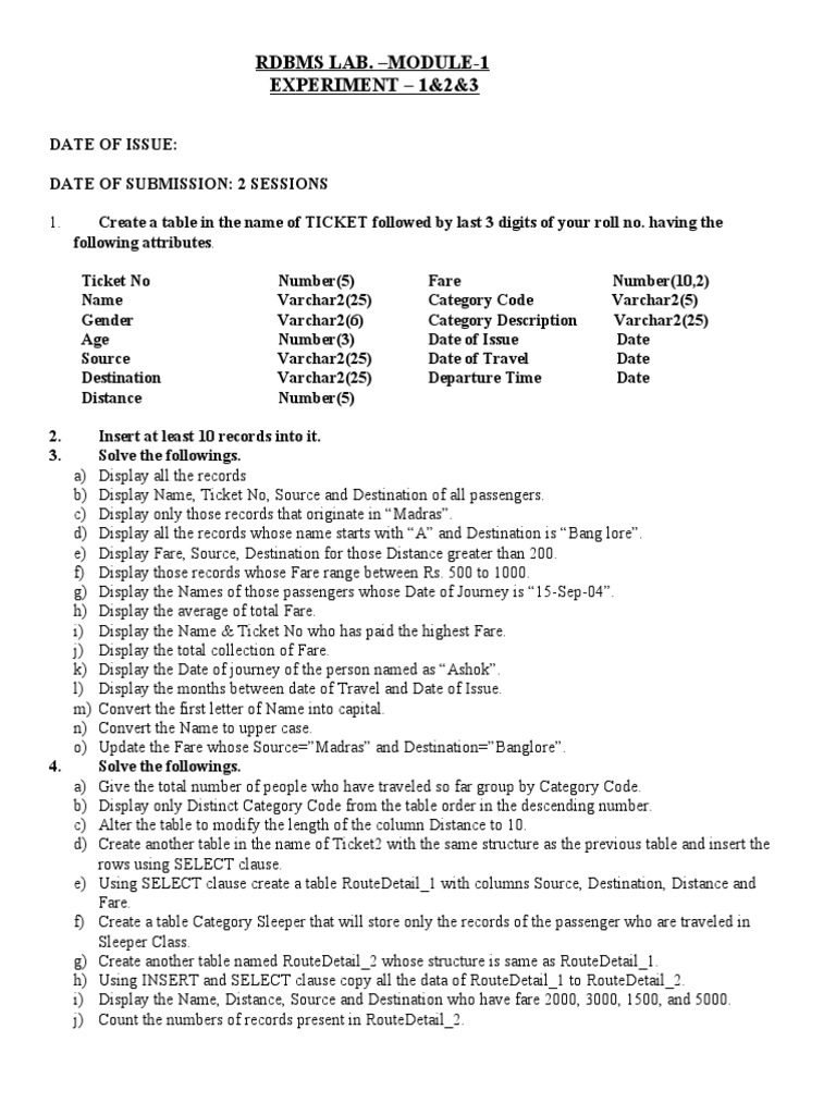 Rdbms Lab. - Module-1 EXPERIMENT - 1&2&3 | PDF | Pl/Sql | Sql