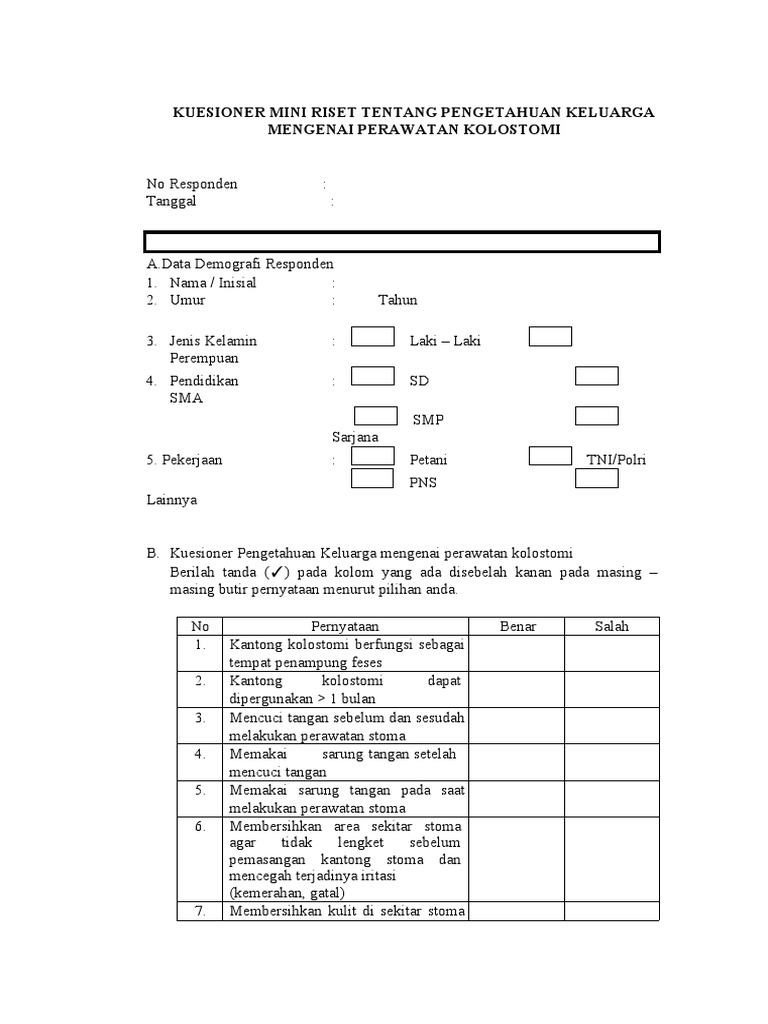 Kuesioner Mini Riset Tentang Pengetahuan Keluarga Mengenai Perawatan Kolostomi | PDF