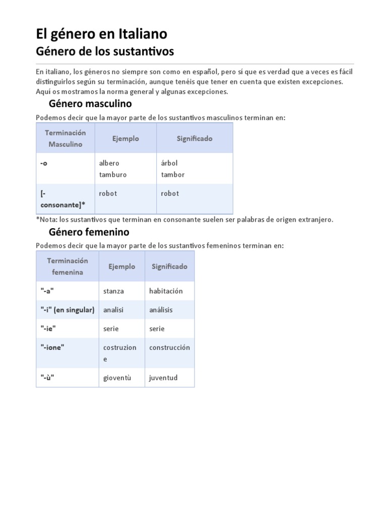 4 El Género en Italiano | PDF | Adjetivo | Idioma italiano