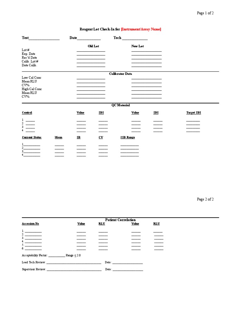 Reagent Lot Check-In For Test - Date - Tech | PDF