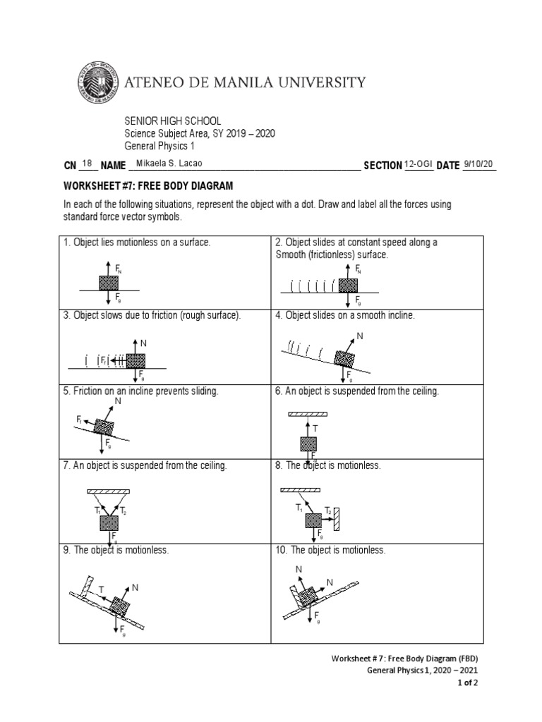 Worksheet # 7 - Free Body Diagram | PDF | Force | Friction