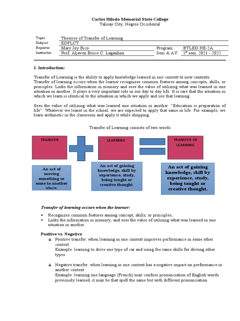 Lesson Guide 5 Theories of Transfer of Learning | PDF | Learning | Theory