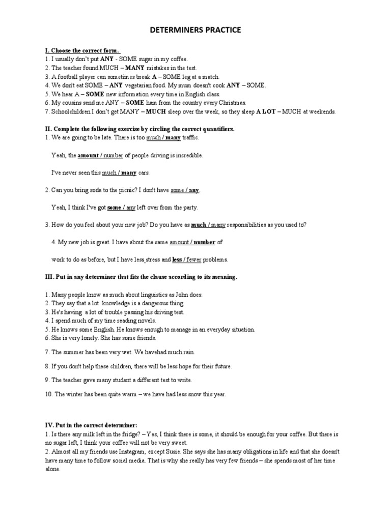 Determiners Practice: I. Choose The Correct Form | PDF