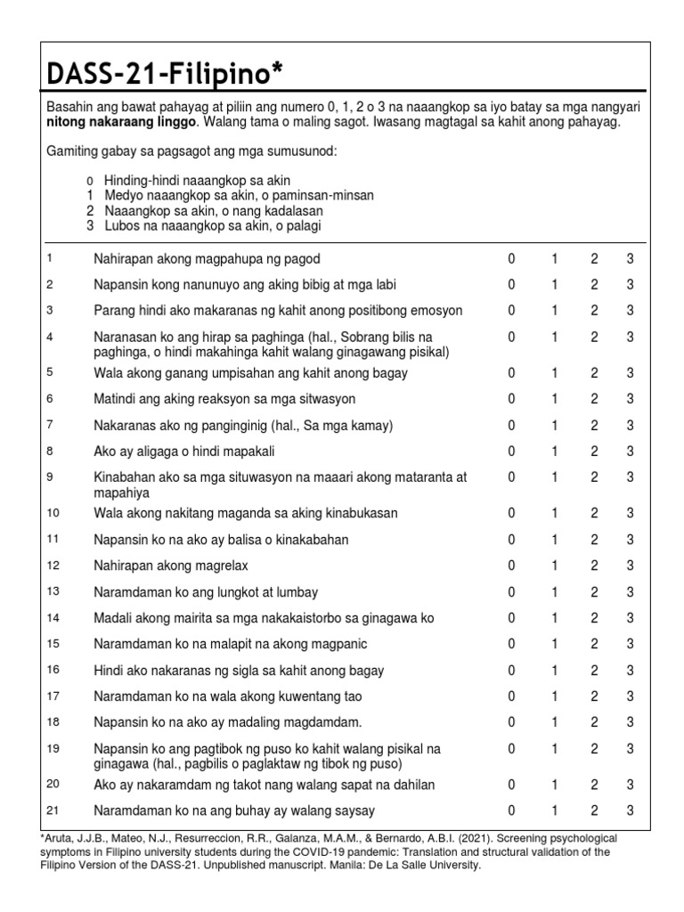 DASS21 Filipino Version V - 05 - 2021 | PDF