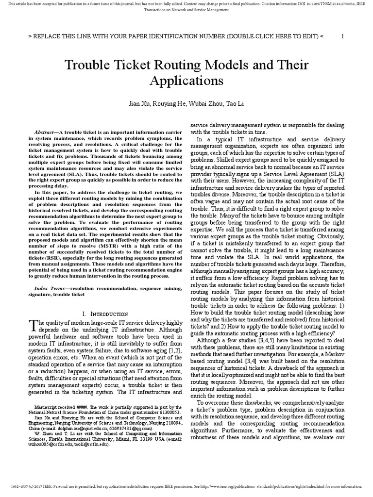 Xu2018 Trouble Ticket Routing Models And Their Applications Pdf