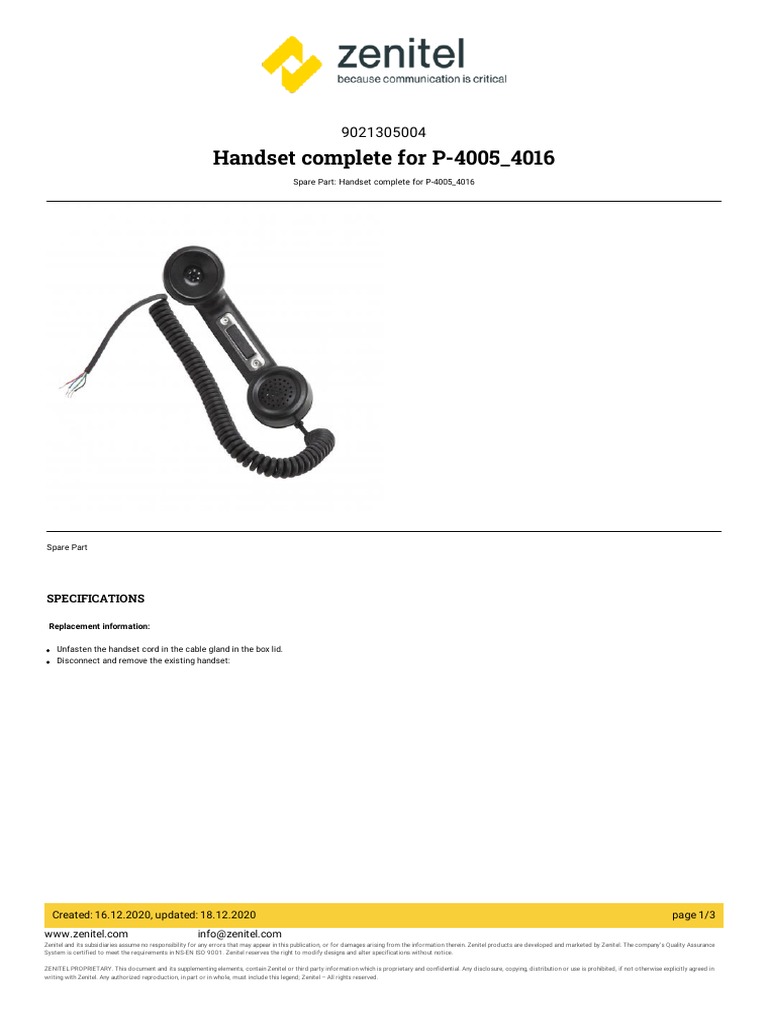 Zenitel-Handset Complete For P-4005 4016-9021305004 | PDF | Specification (Technical Standard ...