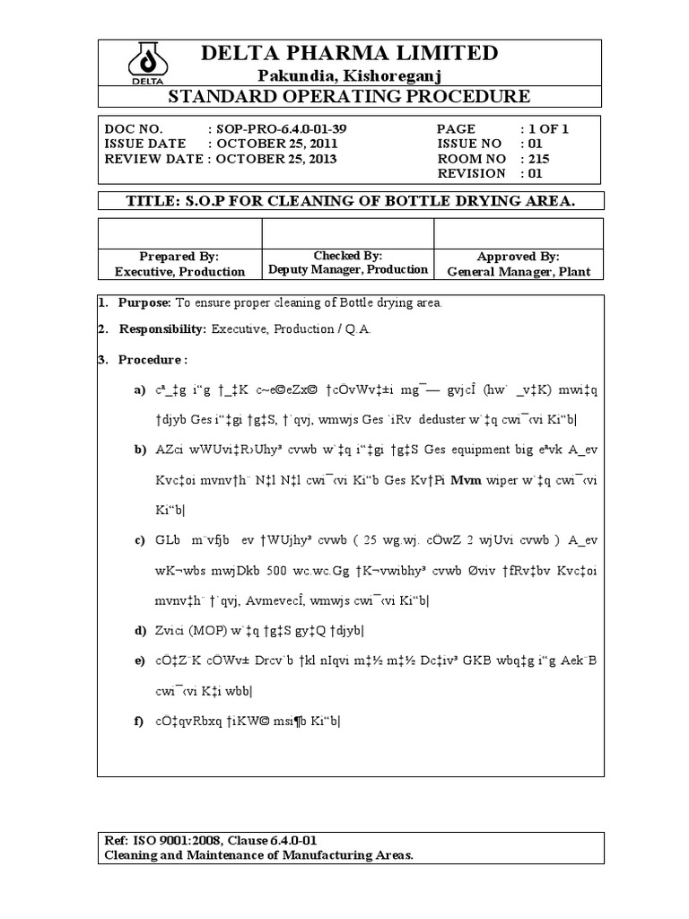 SOP For Cleaning of Bottle Dryer Area | PDF