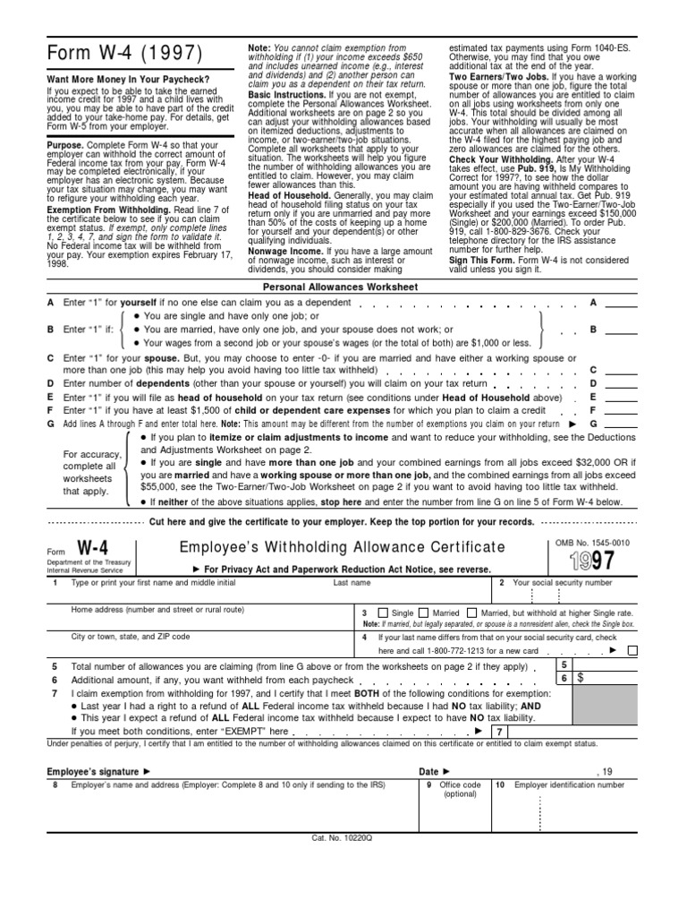 US Internal Revenue Service: fw4 - 1997 | PDF | Withholding Tax | Tax Deduction