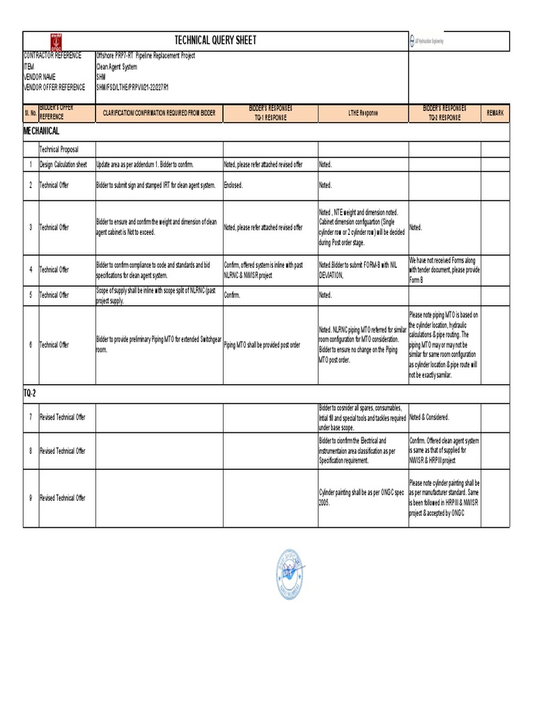 Technical Query Sheet: Mechanical | PDF