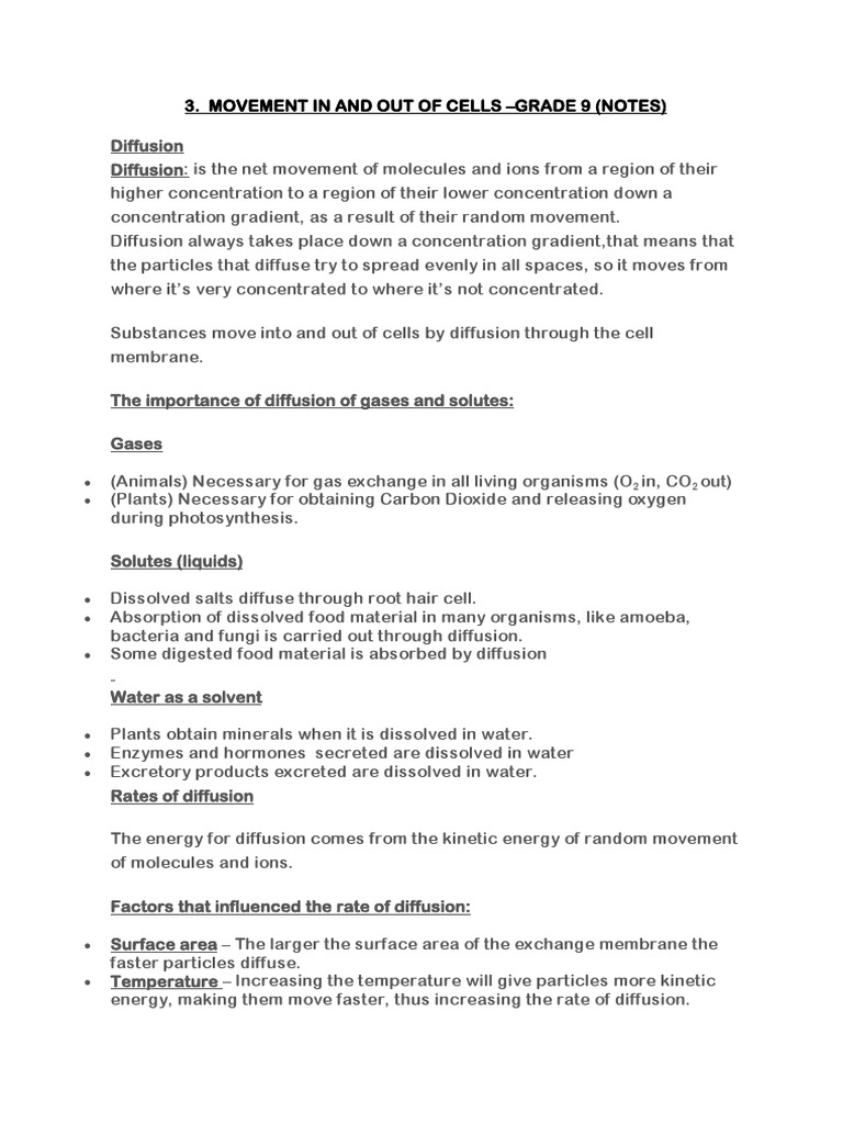 Movement in and Out of Cells - NOTES | PDF | Osmosis | Diffusion