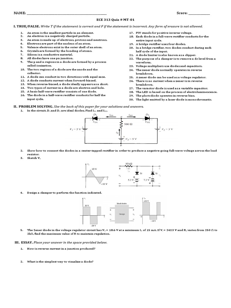 ECE313 Quiz 1 Ece 3 F | PDF | Diode | Rectifier