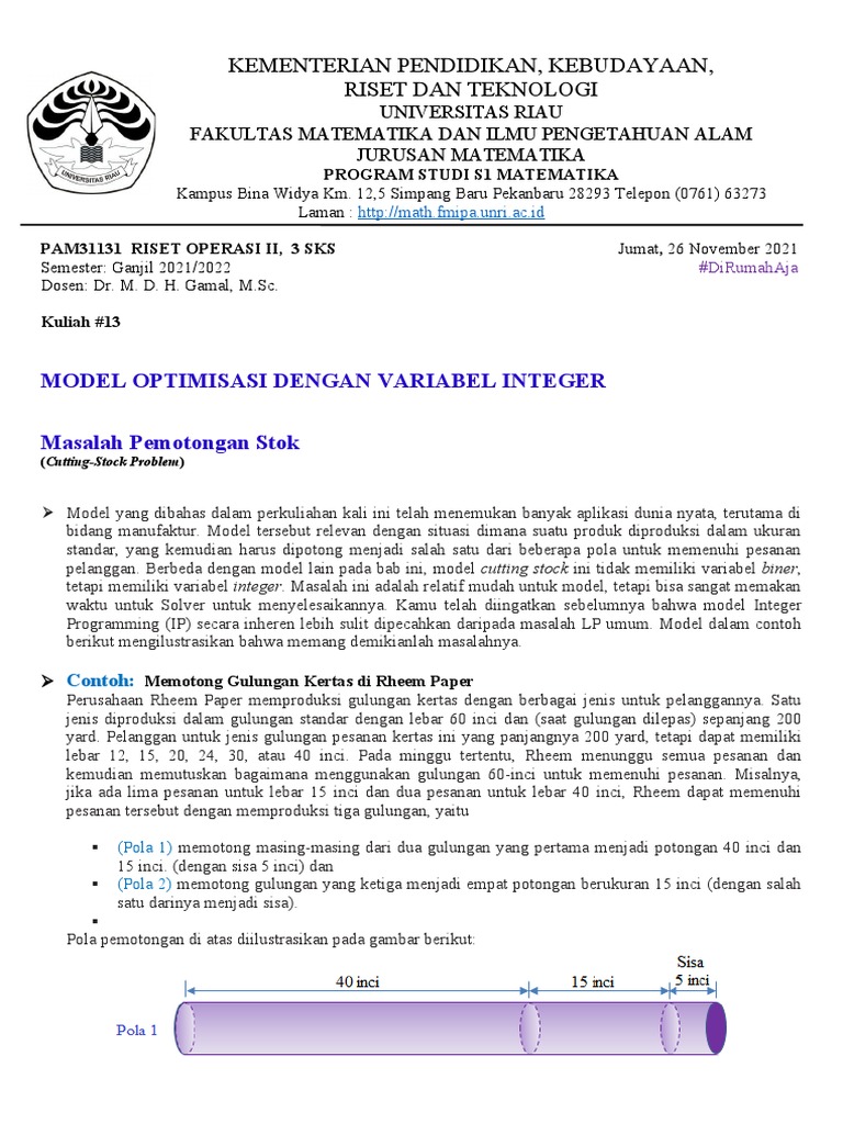 Kuliah 13-Riset Operasi II-26 Nov 2021 - Cutting Stock Problems | PDF Kuliah 13-Riset Operasi II-26 Nov 2021 - Cutting Stock Problems | PDF