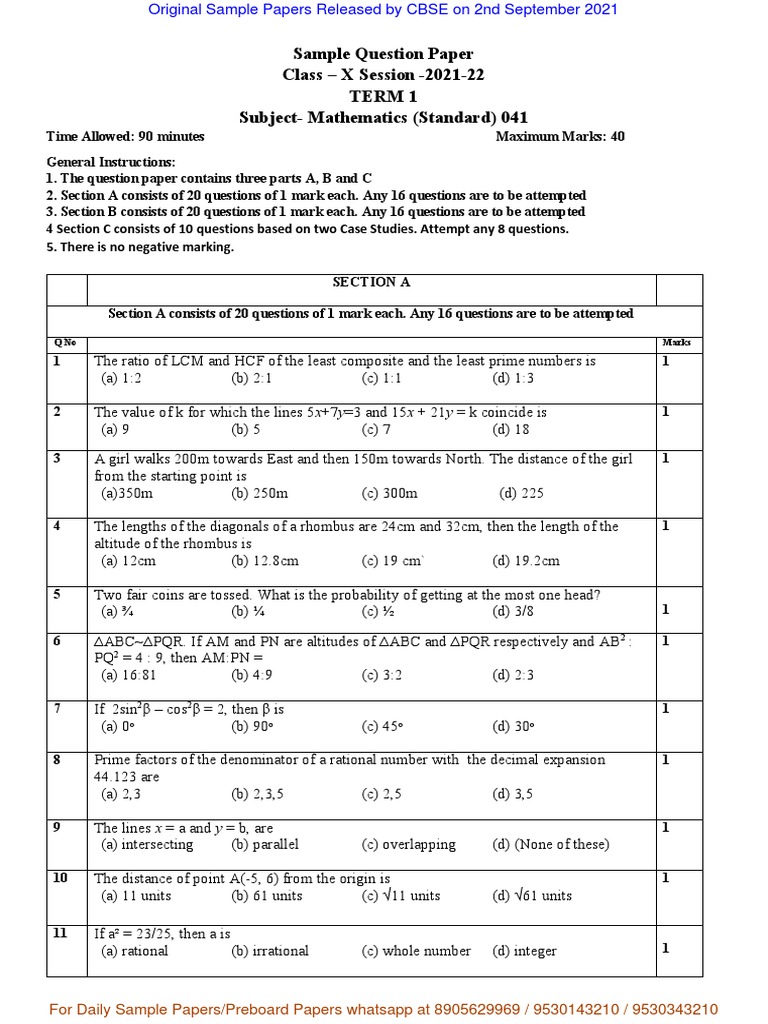Sample Question Paper Class - X Session - 2021-22 Term 1 Subject-Mathematics (Standard) 041 ...