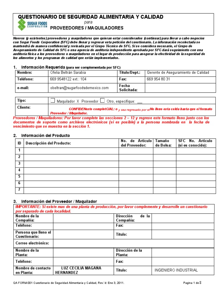 QA FORM-001 Cuestionario de Seguridad Alimentaria y Calidad 2021 | Descargar gratis PDF ...