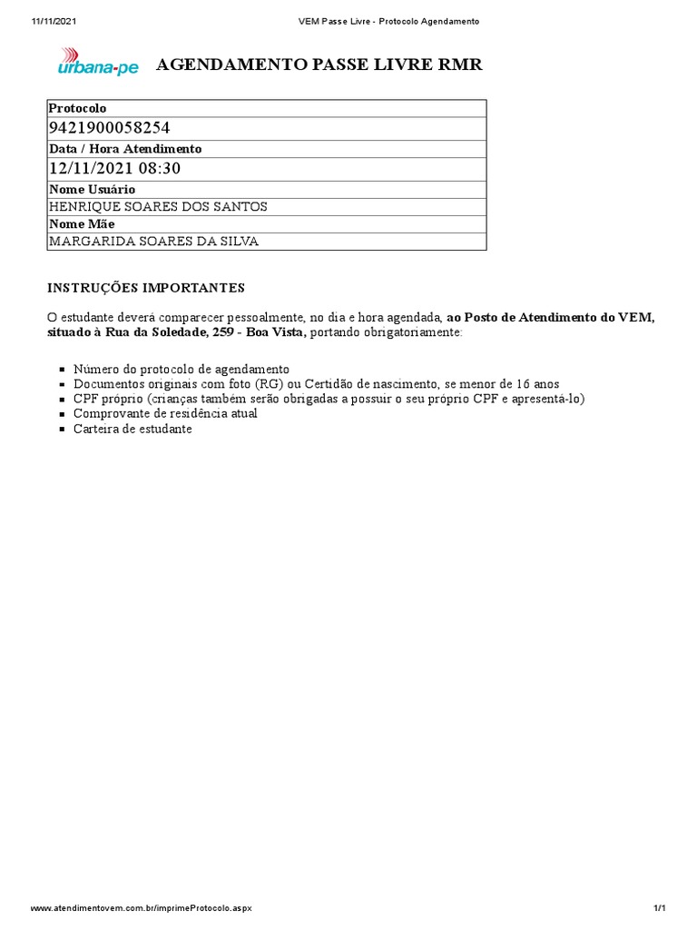 VEM Passe Livre - Protocolo Agendamento | PDF