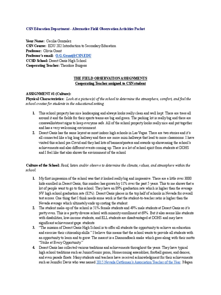 Artifact 2 Field Observation Assignment | PDF | Teachers | Lesson Plan