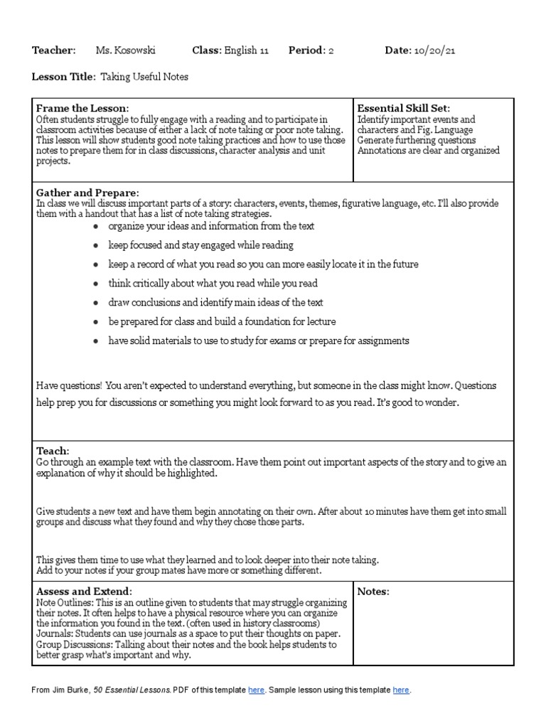 Jim Burke Lesson Plan Template 1 | PDF | Lesson Plan | Cognition