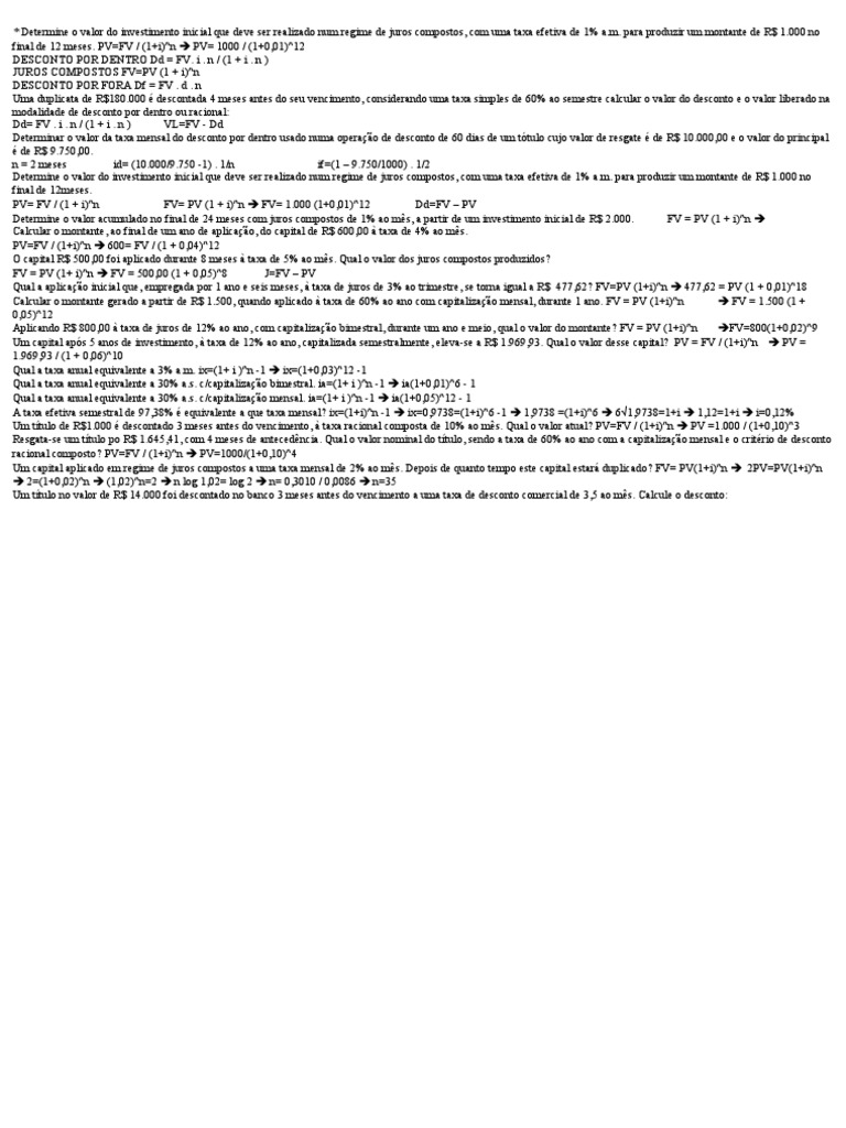 Fórmulas Matemática Financeira | PDF | Desconto | Juros