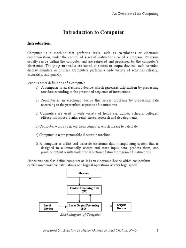Introduction To Computer: Block Diagram of Computer | PDF | Central ...