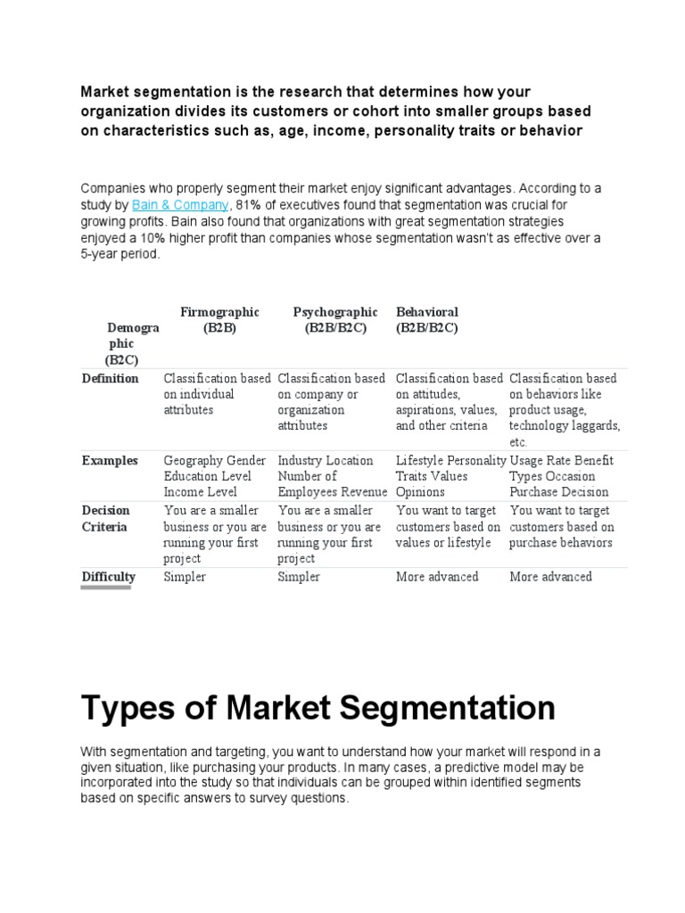 Types of Market Segmentation: Bain & Company | PDF | Market ...