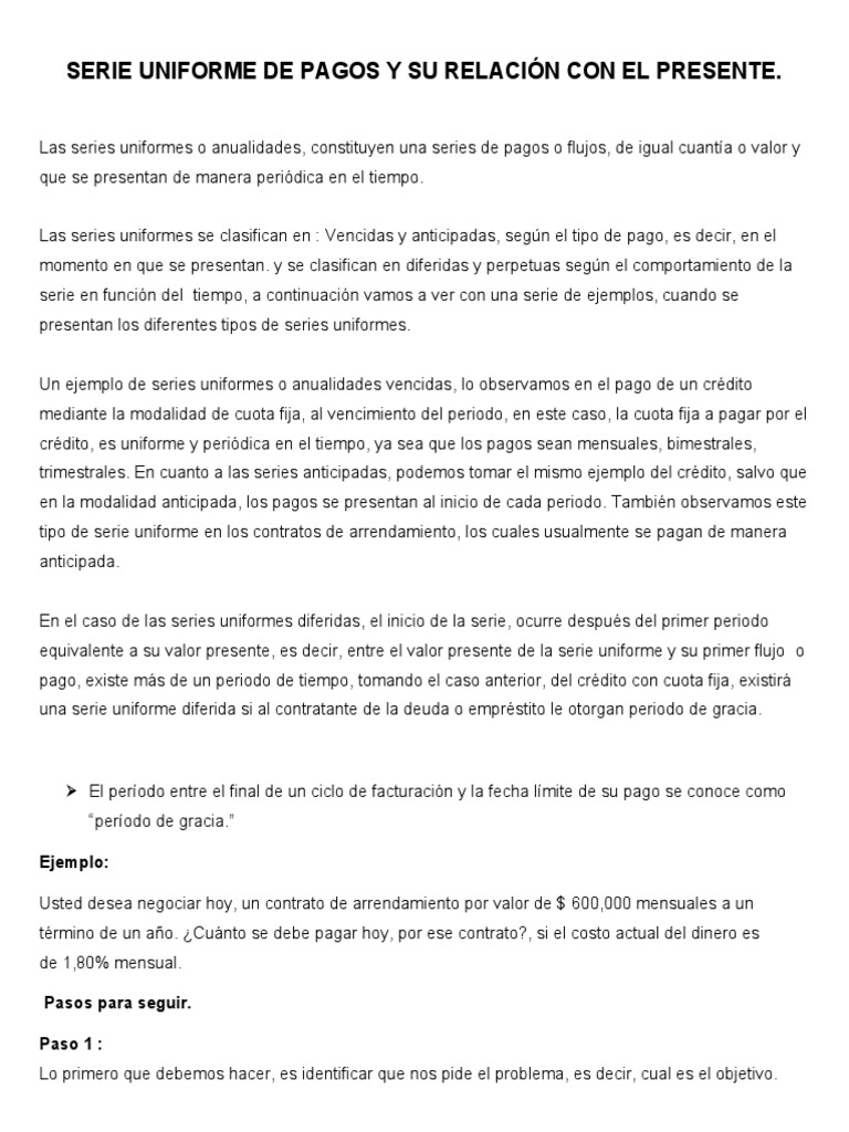 SERIE UNIFORME DE PAGOS Y SU RELACIÓN CON EL PRESENTE (Matus) | PDF | Crédito | Finanzas y dinero
