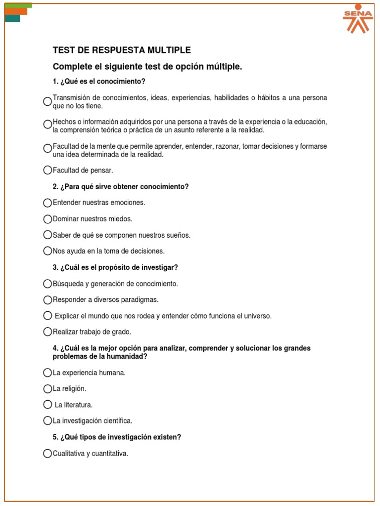 Test de Respuesta Multiple | PDF | Conocimiento | Mente