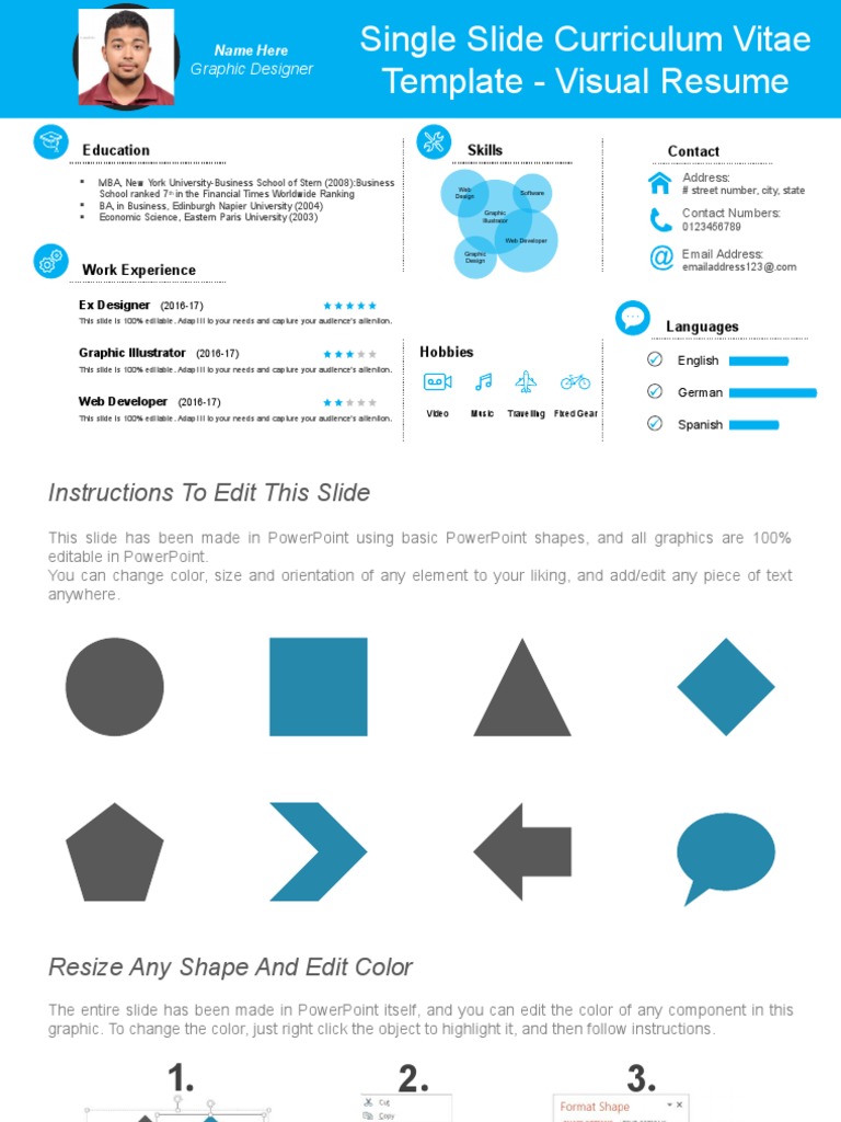 Single Slide Curriculum Vitae Template Visual Resume WD | PDF | Icon ...