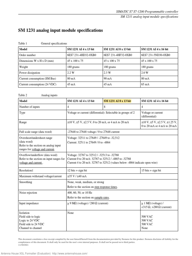 SIMATIC S7 S7-1200 SM 1231 Analog Input Module Specifications | PDF ...