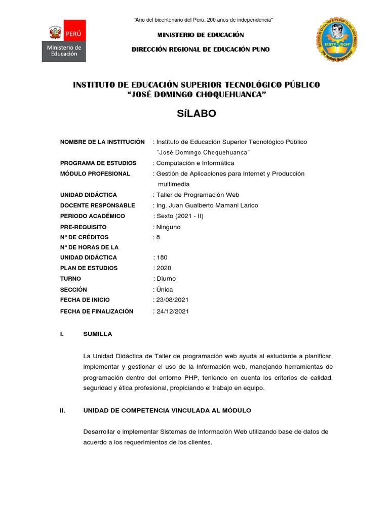 Silabo Taller de Programación Web | PDF | Php | Mi sql