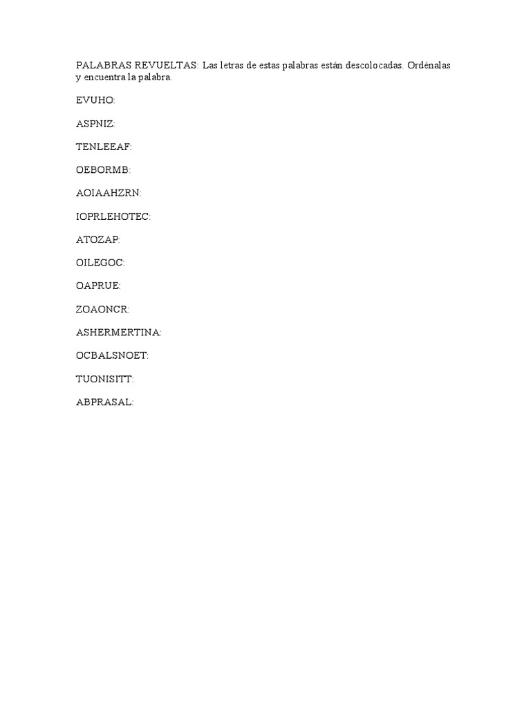 Hojas De Trabajo De Palabras Revueltas Gratuitas