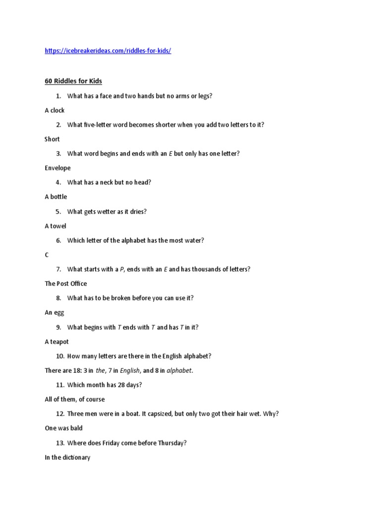 60 Riddles For Kids | PDF
