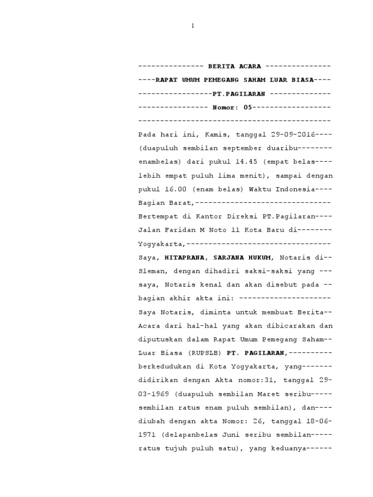 Berita Acara RUPS LB PT - Pagilaran Sumber | PDF